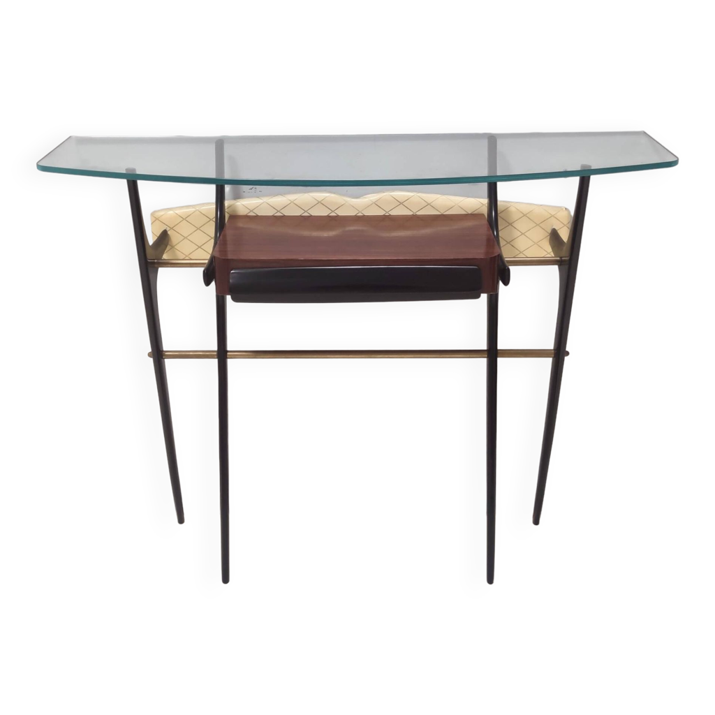 Table console vintage en hêtre noirci et verre dans le style d'ico parisi, italie | Selency