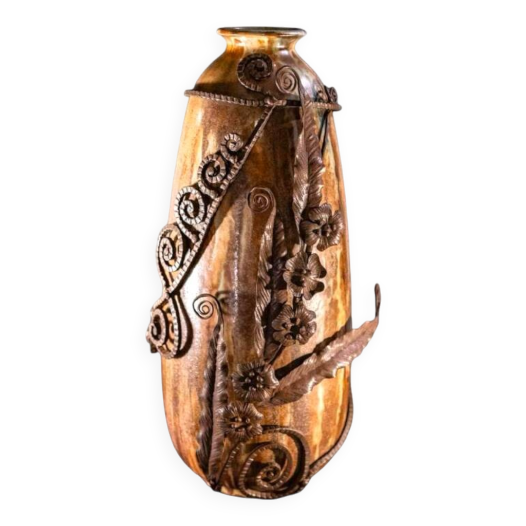 vase obus en grès, monture fer forgé, roger guerin & francois carion ...