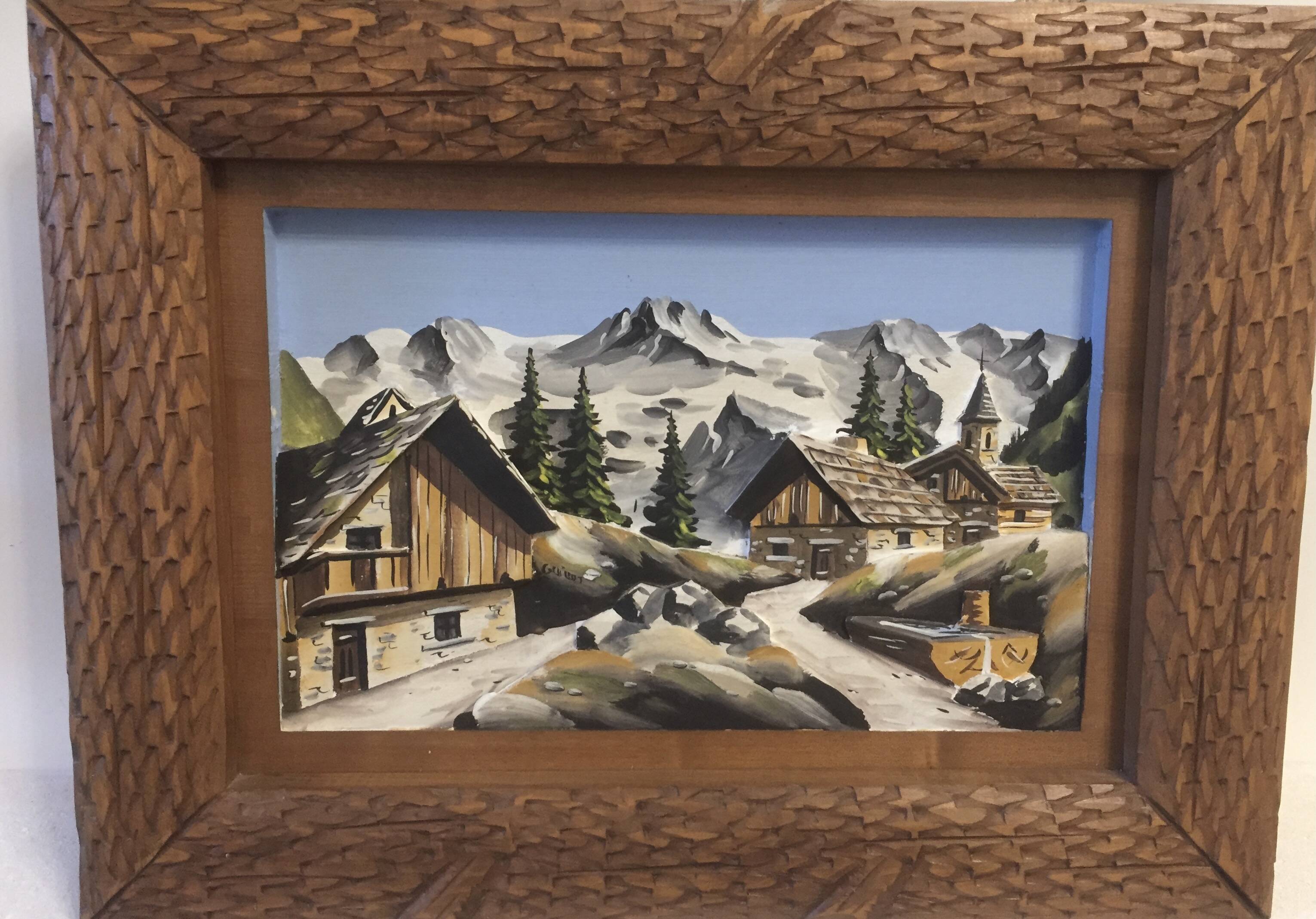 Cadre relief en bois sculpté - chalet de montagne - signé guillot - vintage | Selency