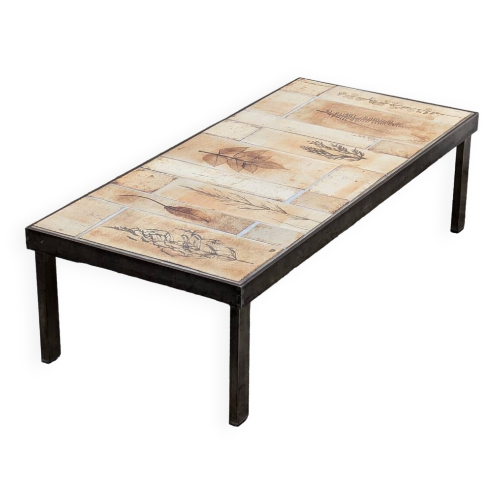 Table basse rectangle Roger Capron "herbier" structure acier patiné ...