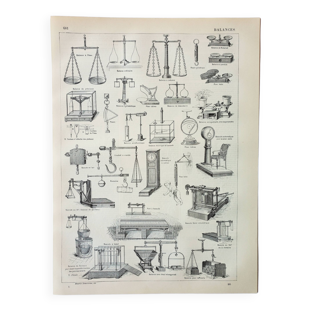 Gravure ancienne 1898, Balance ancienne, bascule • Lithographie ...