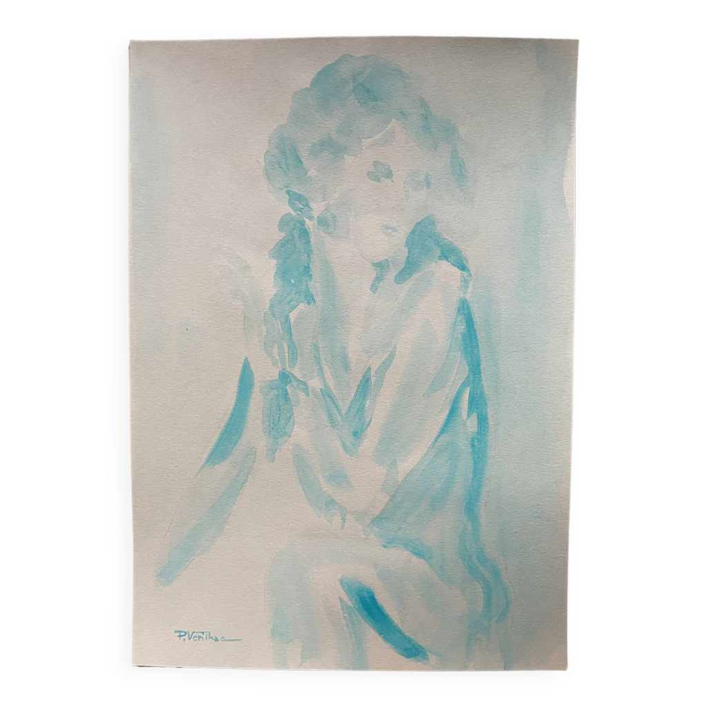 Tableau signé aquarelle monochrome turquoise portrait féminin Belle ...