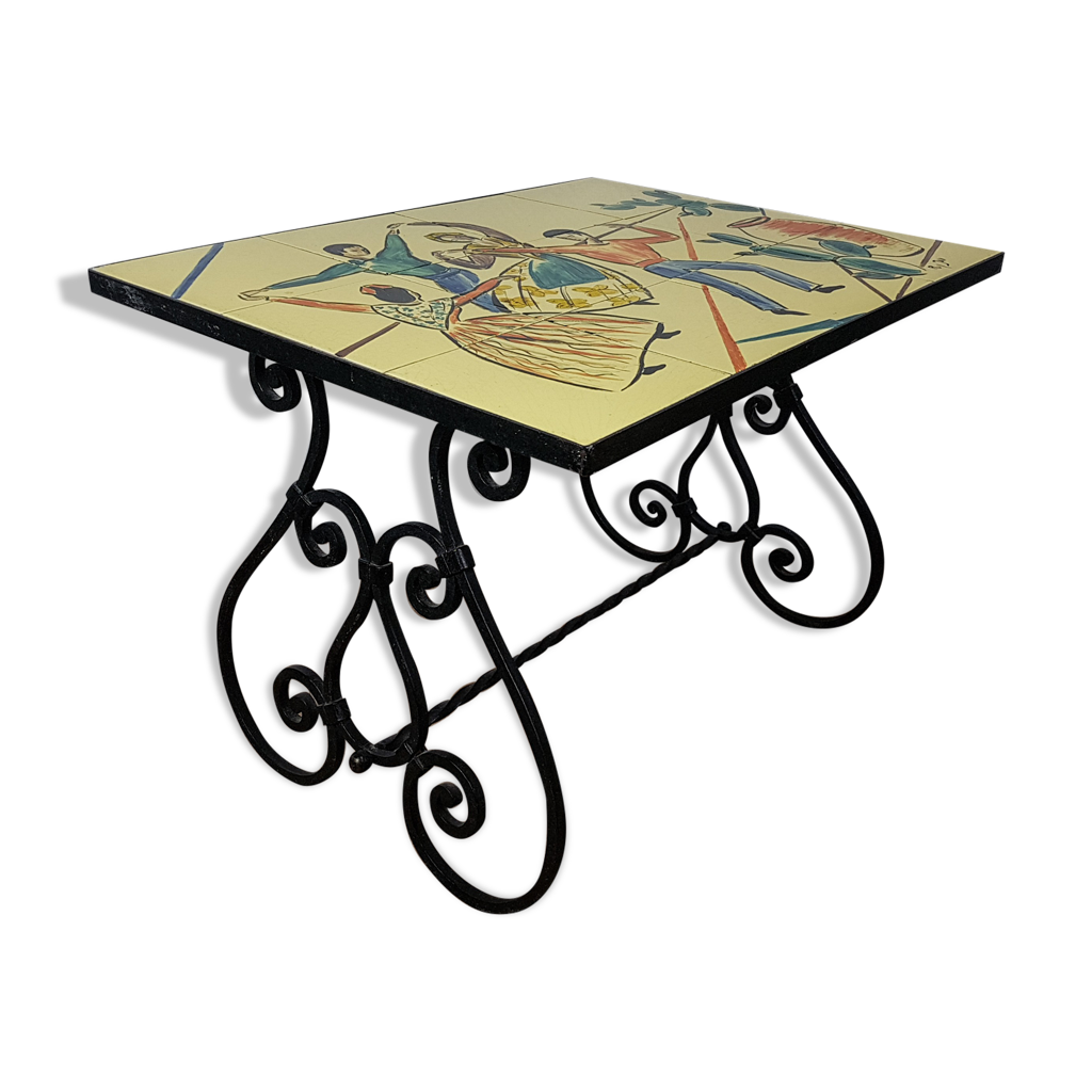 Table basse fer forgé plateau porcelaine peint d'une scène Provençale ...