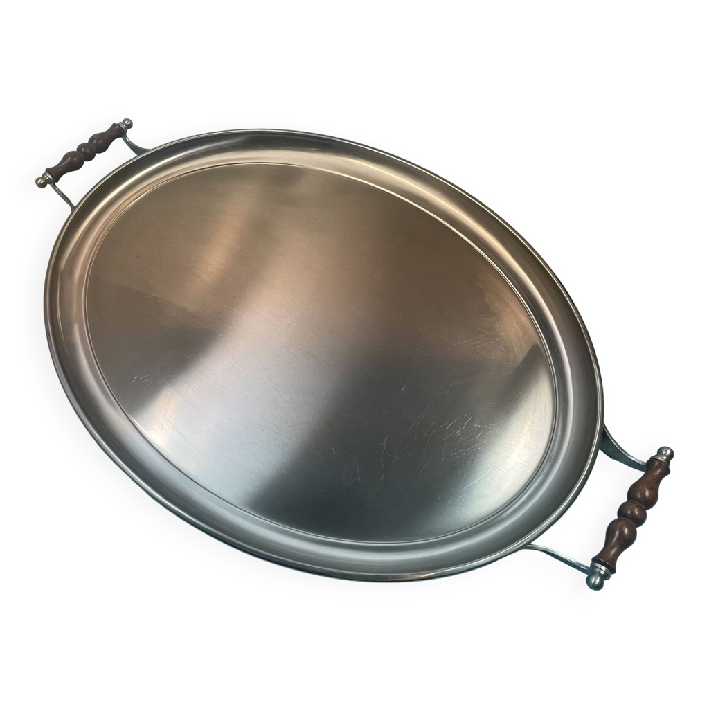 plateau de forme oblong en inox et bois de l'orfèvre Jean Couzon | Selency