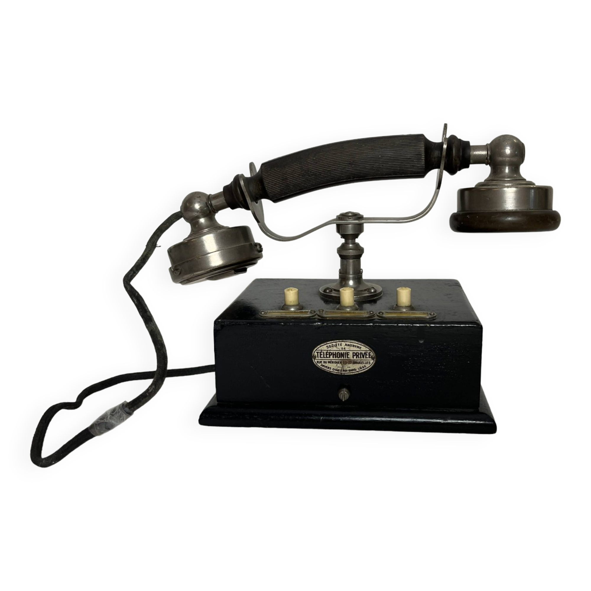 Ancien téléphone de bureau en bois noirci et bakélite vers 1900 | Selency