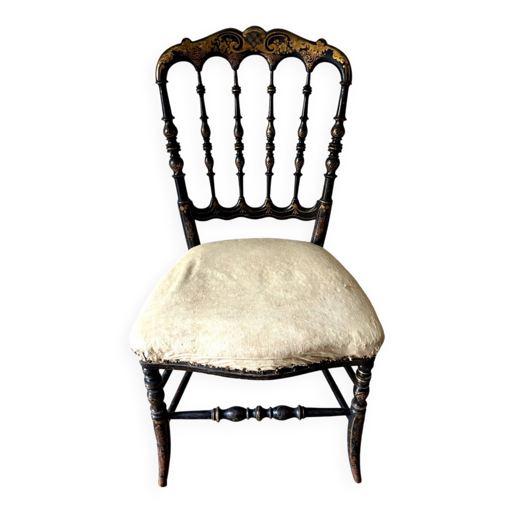 Chaise Napoléon III en bois noir et doré et coton beige | Selency