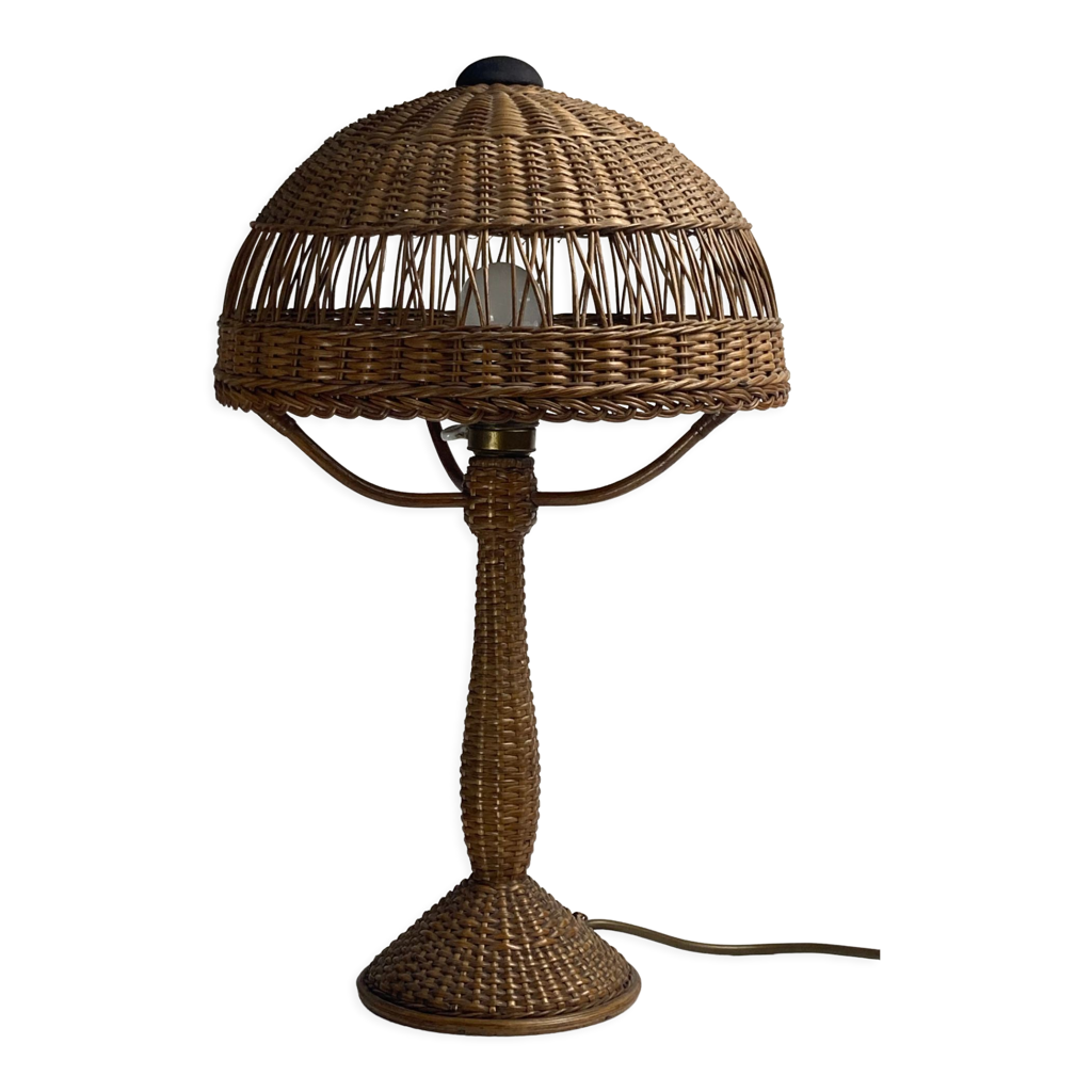 Lampe de table en rotin en rotin art déco champignon, vers 1930 | Selency