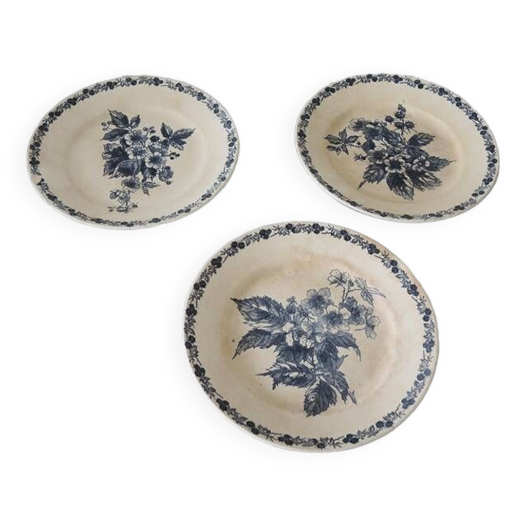 3 anciennes assiettes plates en terre de fer longchamp : mûres | Selency
