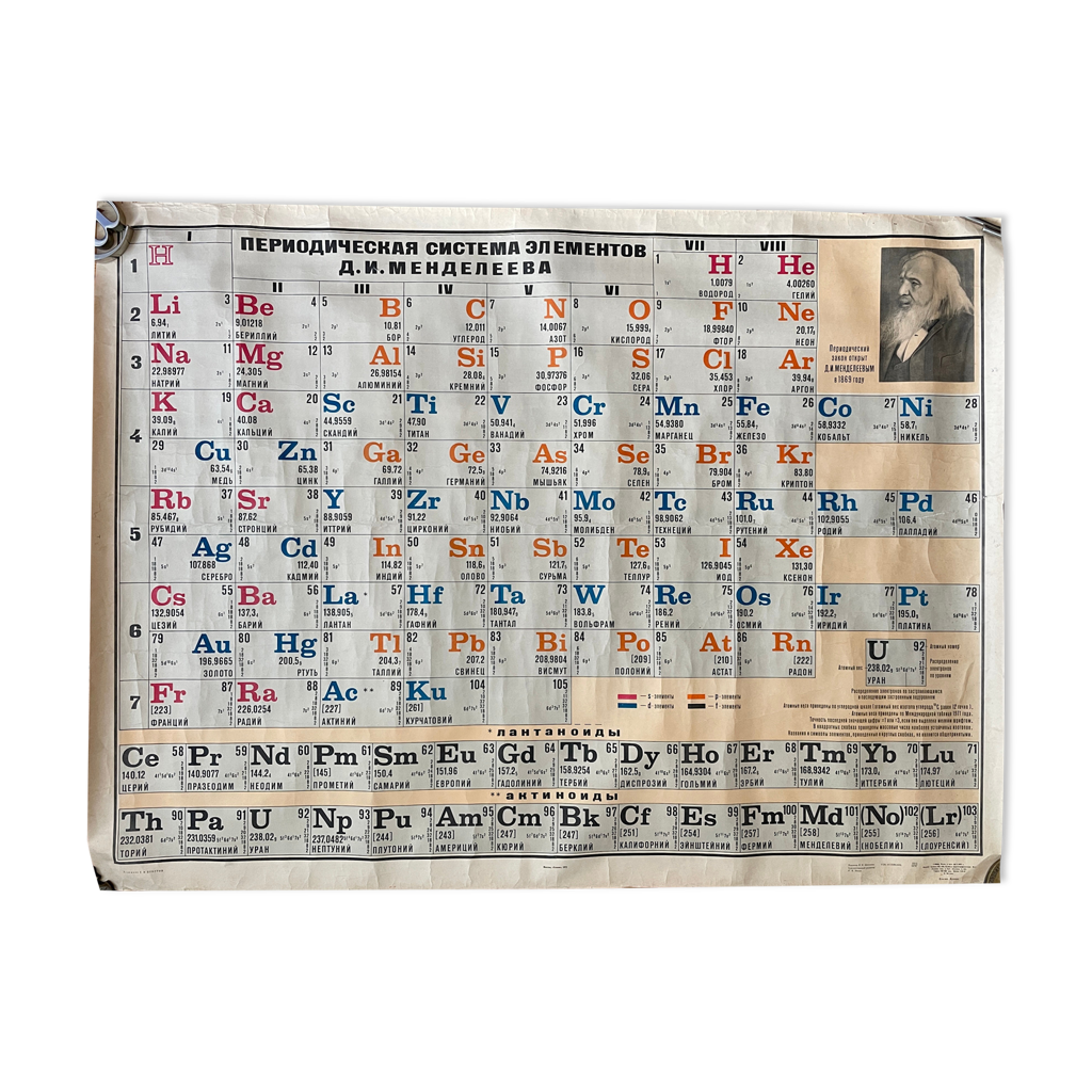 Tableau périodique avec éléments Mendeleïev Original 1972 Poster Chimie ...