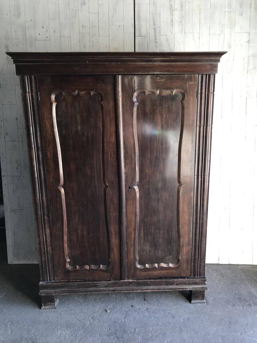 Armoire double ancienne en bois marron, 2 portes et 1 tiroir, corniche ...