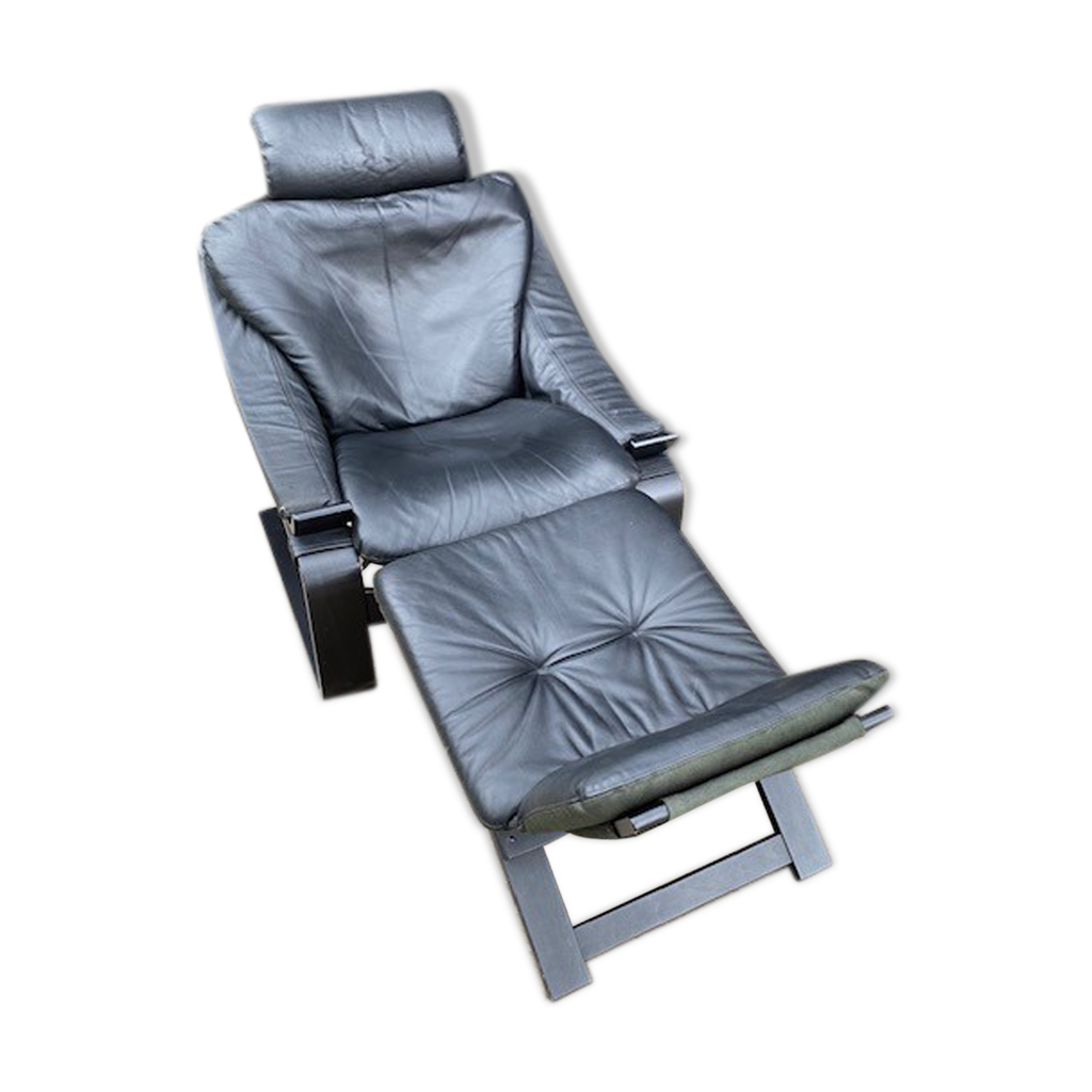 Fauteuil et repose pied cuir noir Kroken Nelo Design | Selency