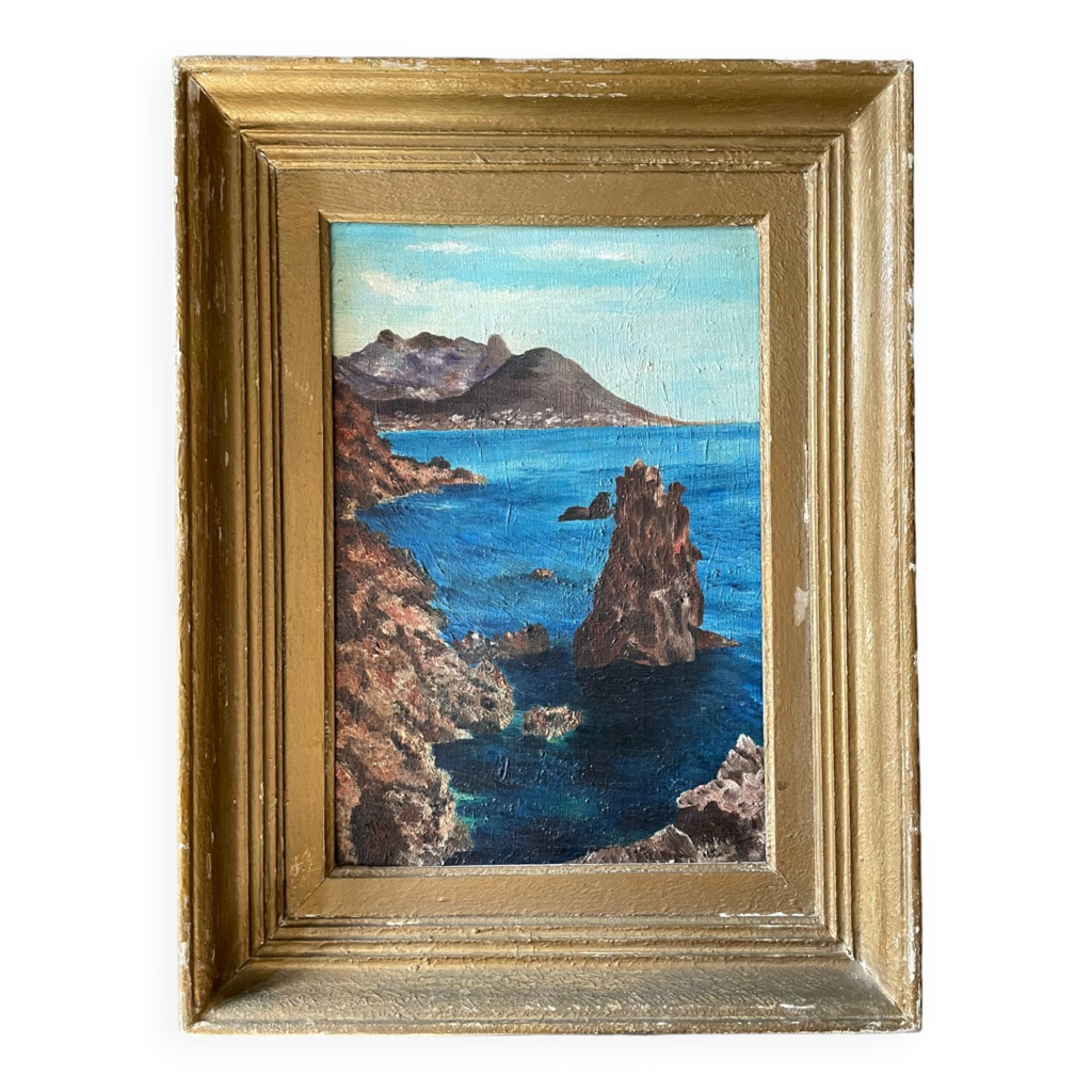 Tableau peinture ancienne Port Coton, Belle Ile en mer | Selency