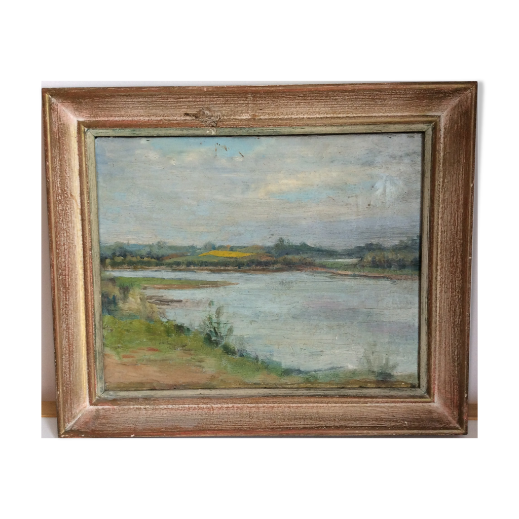 Tableau ancien, paysage bord de rivière | Selency
