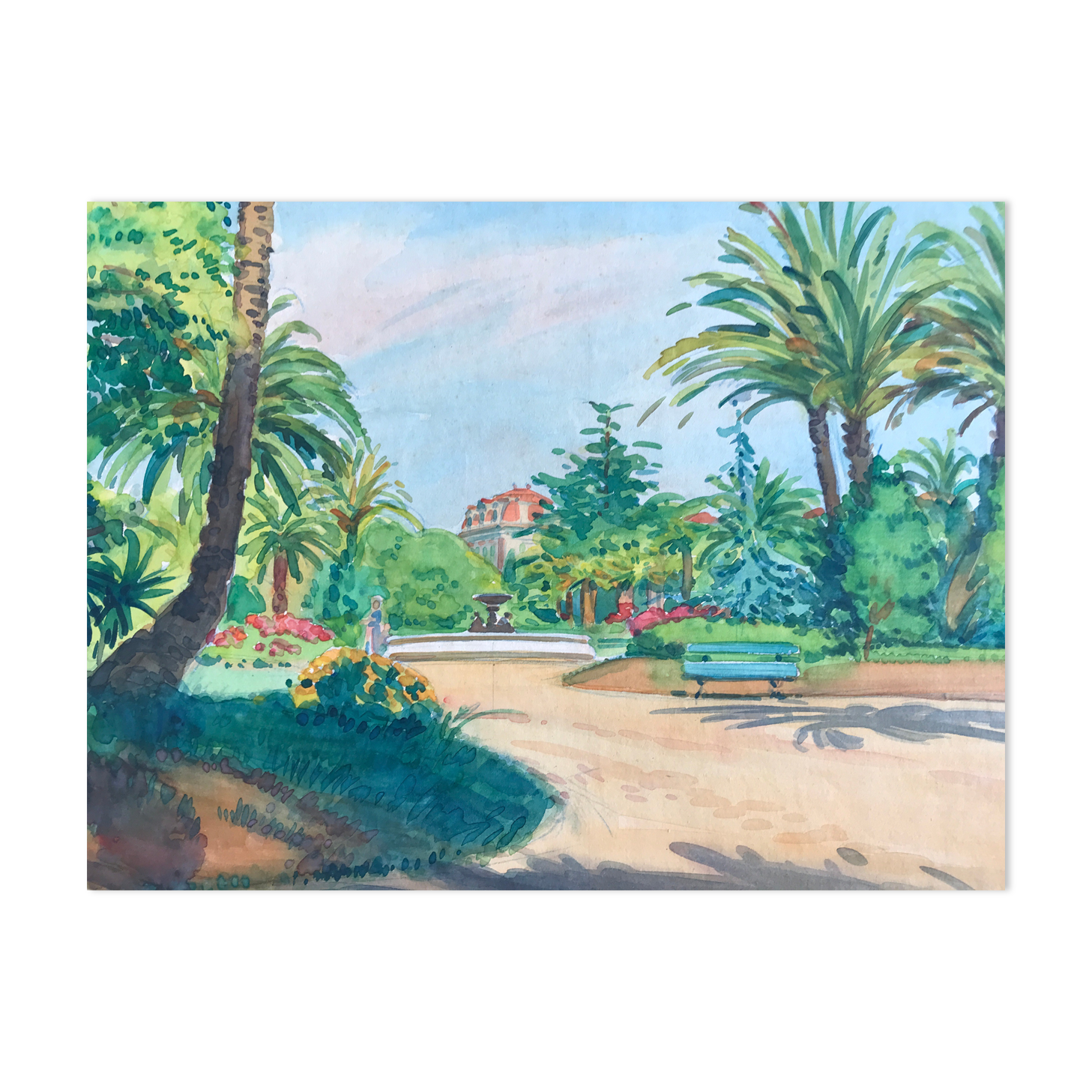 Aquarelle originale de tony minartz (1870-1944) promenade printanière dans un parc de la côte d ...