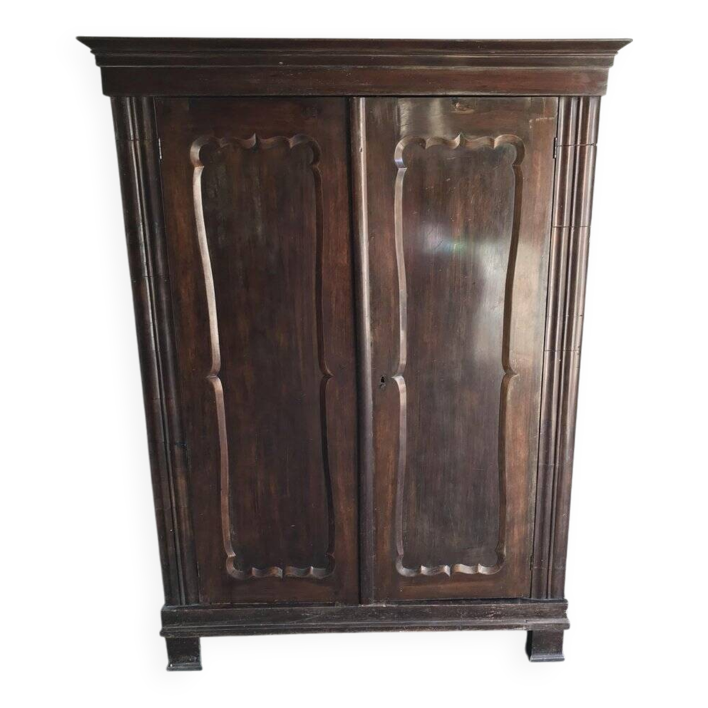 Armoire double ancienne en bois marron, 2 portes et 1 tiroir, corniche ...