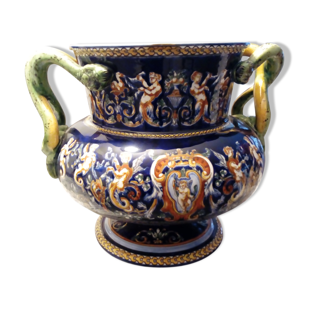 Vase de Gien Renaissance medicis avec ances serpents fond bleu | Selency