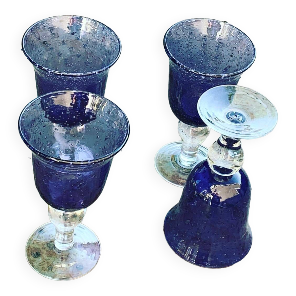 Lot de 4 verres a vin en verre soufflé et bullé, ligne duo, de style ...