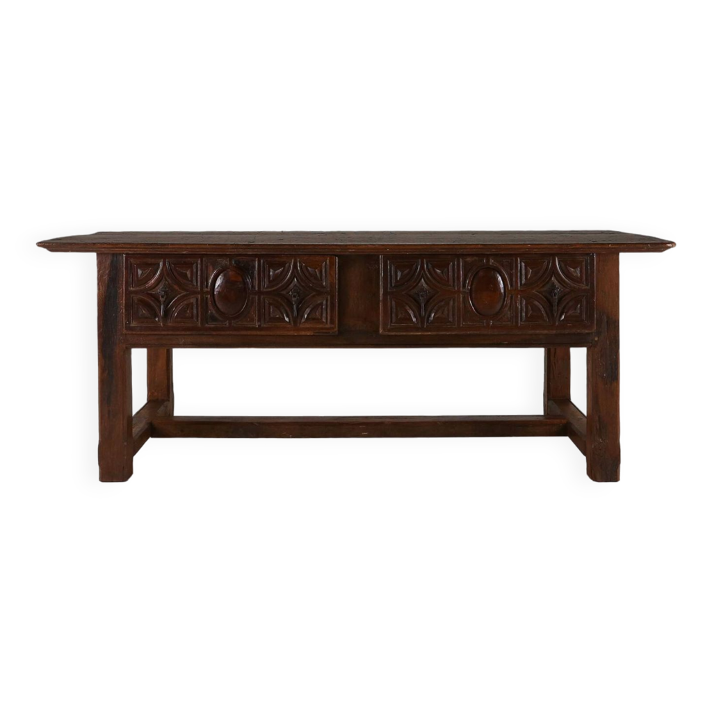 Table console espagnole ancienne en bois de chêne, avec 2 grands tiroirs du 18ème siècle. | Selency