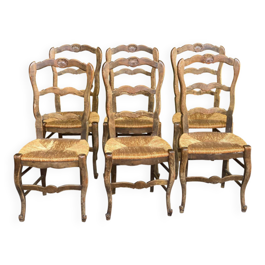 6 chaises Louis XV en bois massif chêne moyen et paillées époque 19ème ...