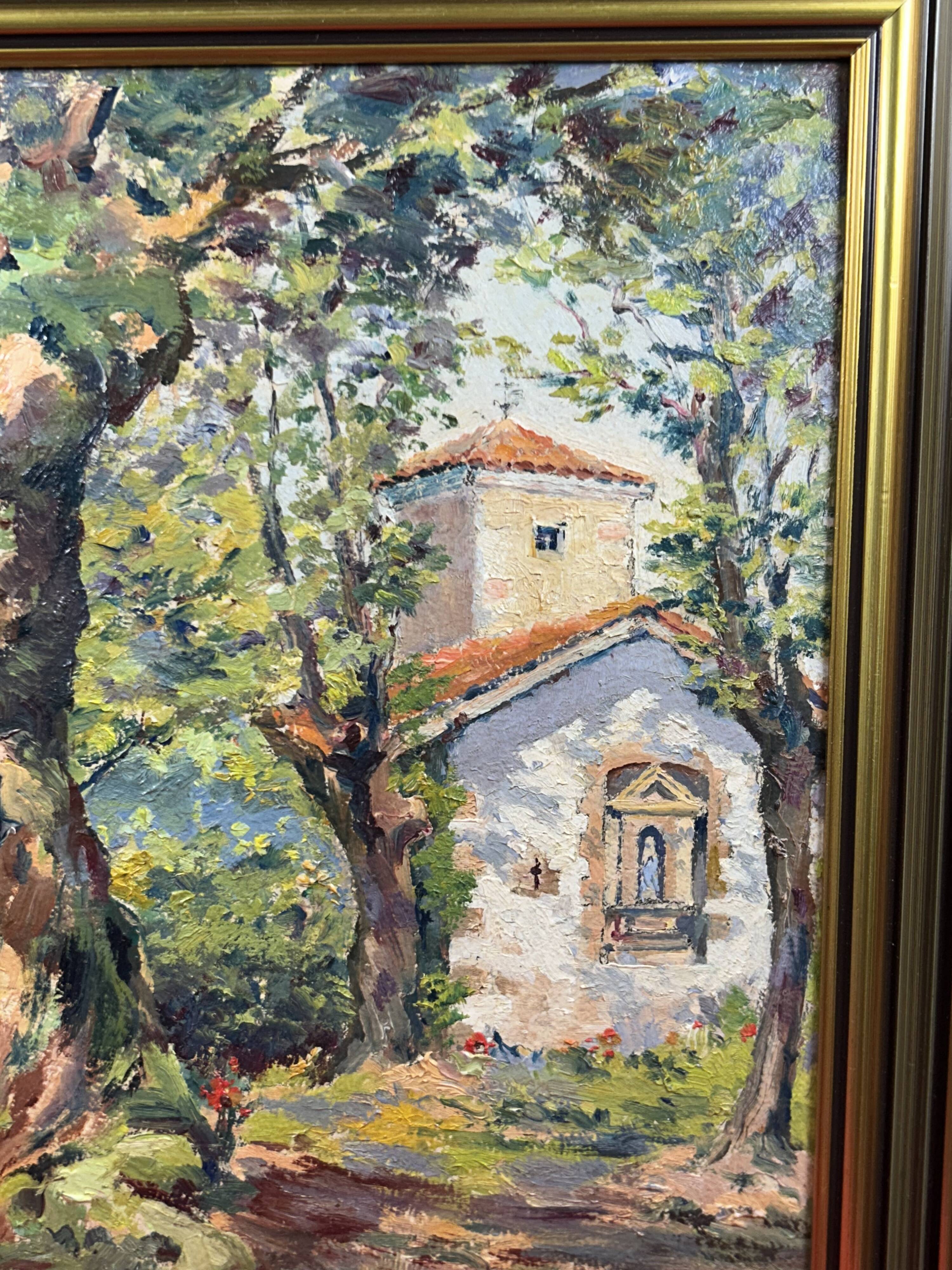 Huile sur carton Vue d'une Chapelle ST Tropez? signé A. Adam 1960 | Selency