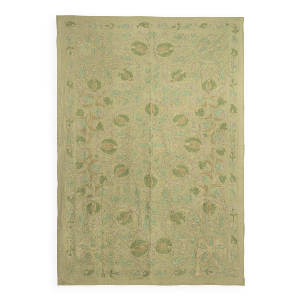 Textile vert brode à la main style suzani 210 x 140 cm | Selency