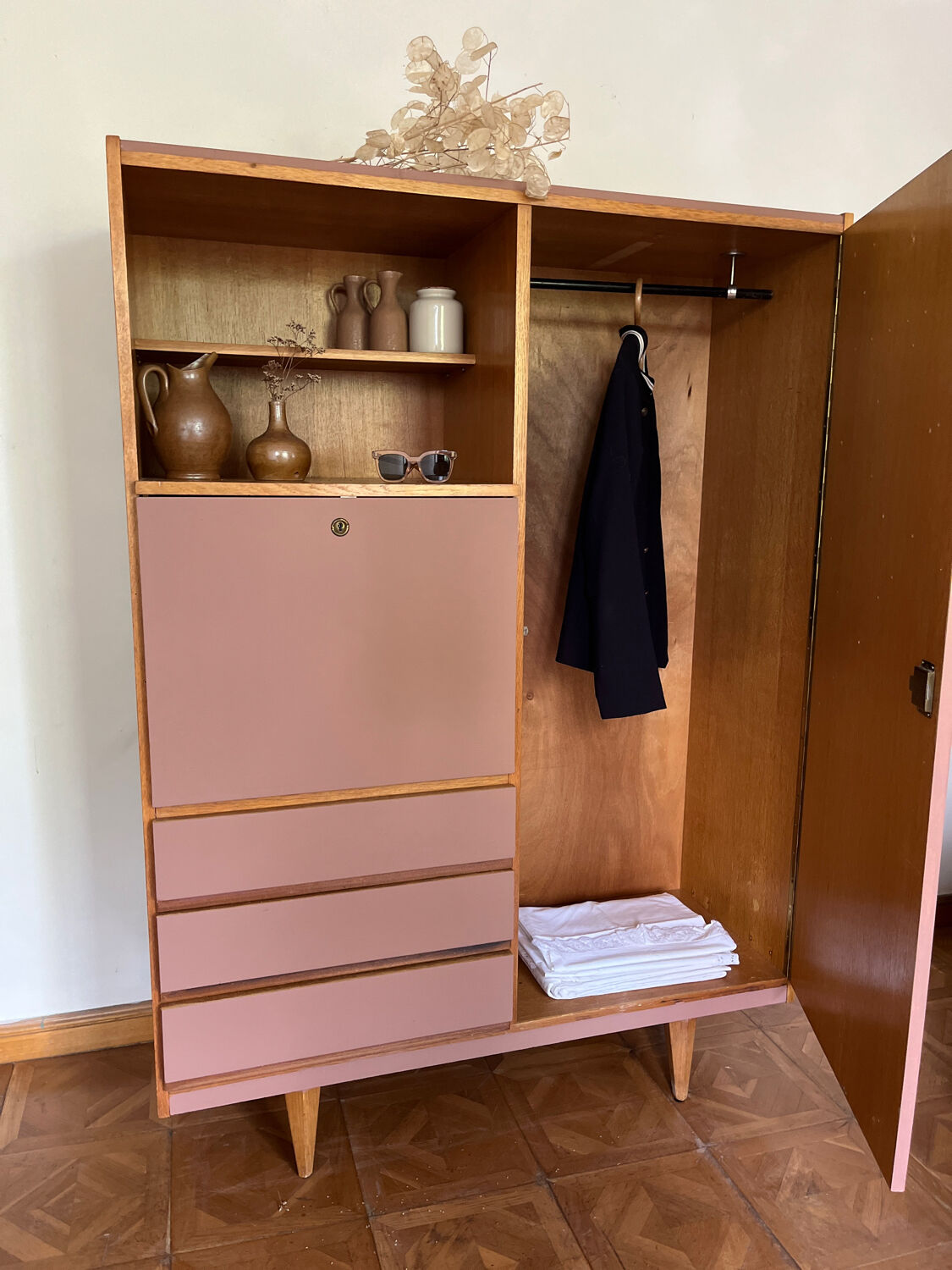 Armoire penderie & commode vieux rose et bois | Selency