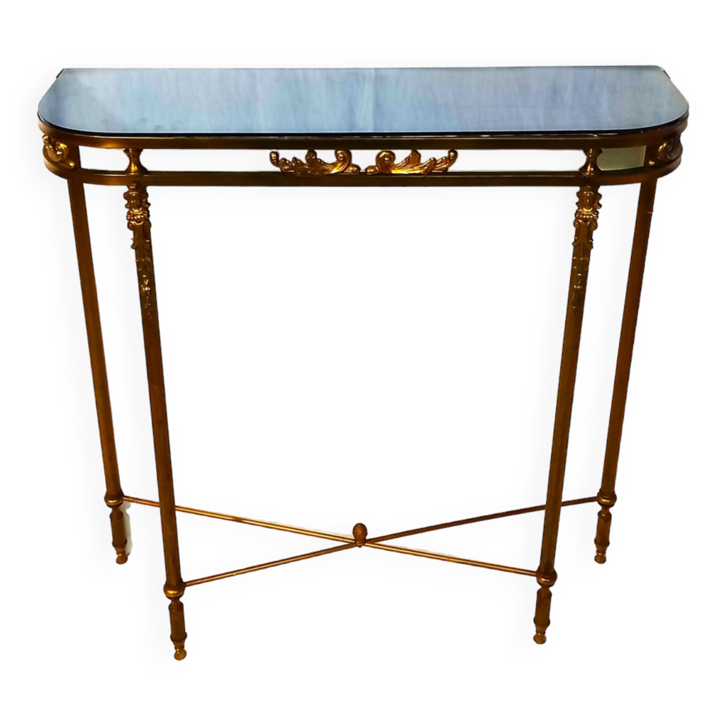 Console en métal doré avec plateau en verre noir | Selency