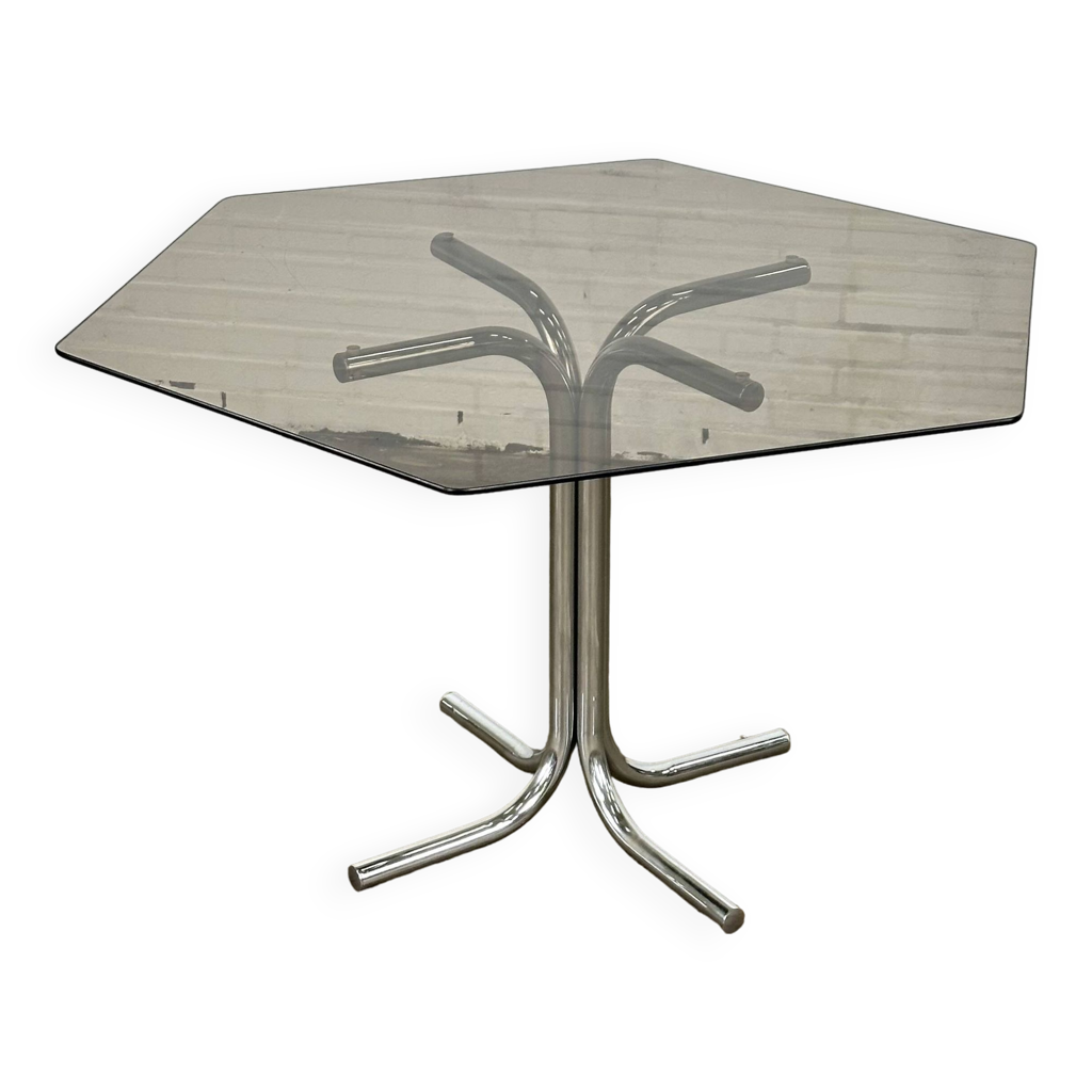 Table à manger vintage en verre fumé et piètement tubulaire | Selency