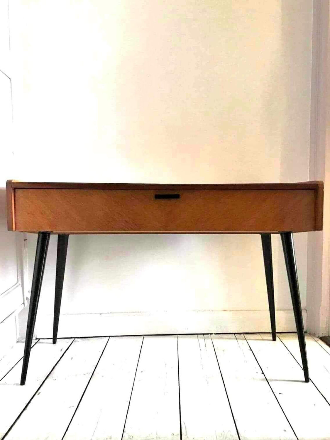 Bureau vintage pieds compas bois, meuble coiffeuse ancien, console | Selency