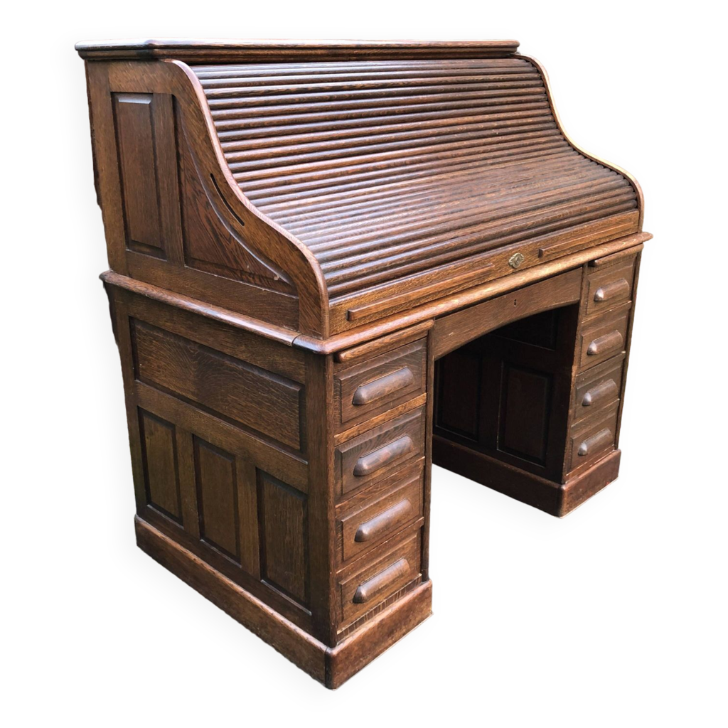 Bureau à rideau dit Américain avec tiroirs en chêne massif. | Selency