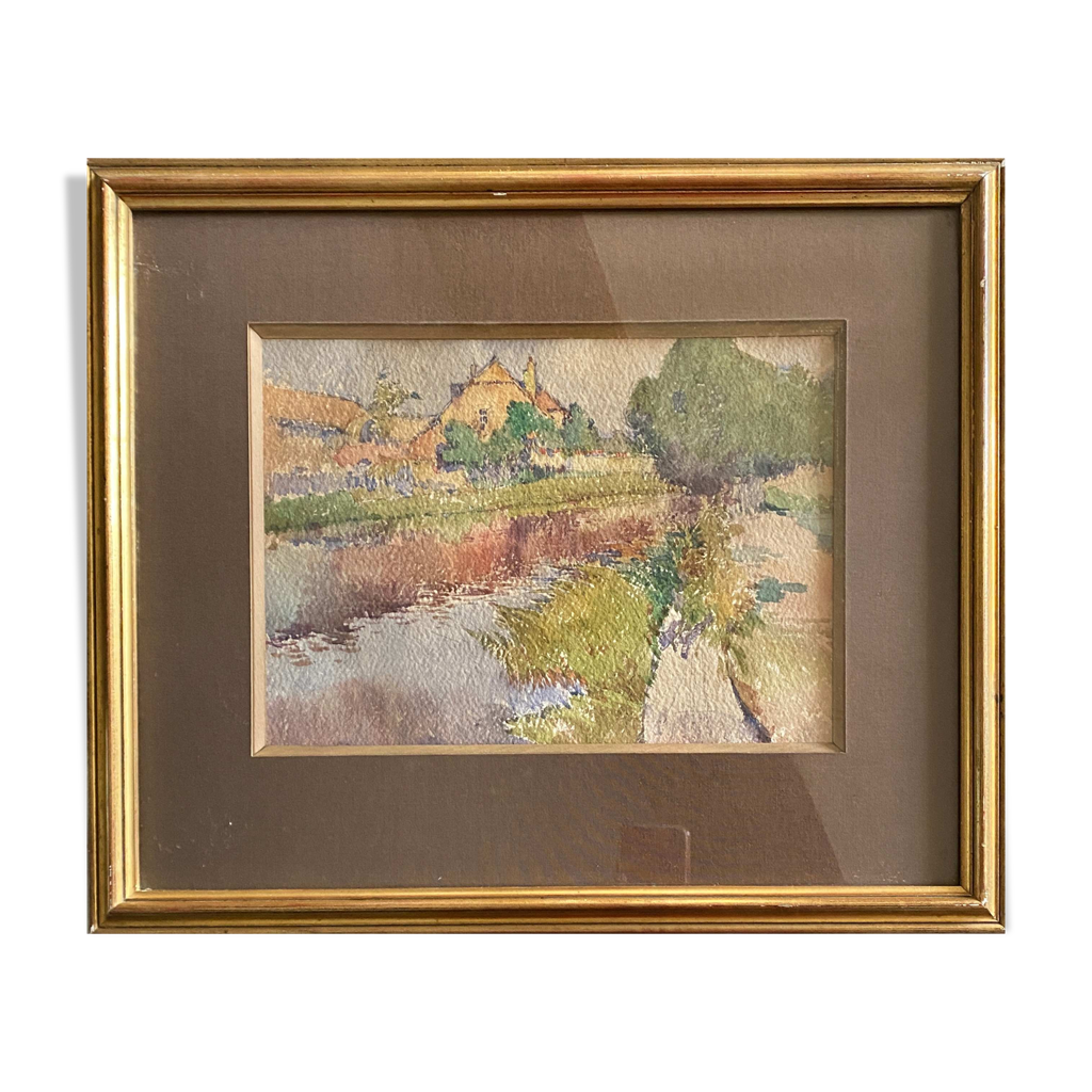 Tableau, vue de Saône, l'Ouche, aquarelle et cadre | Selency