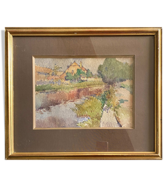 Tableau, vue de Saône, l'Ouche, aquarelle et cadre | Selency