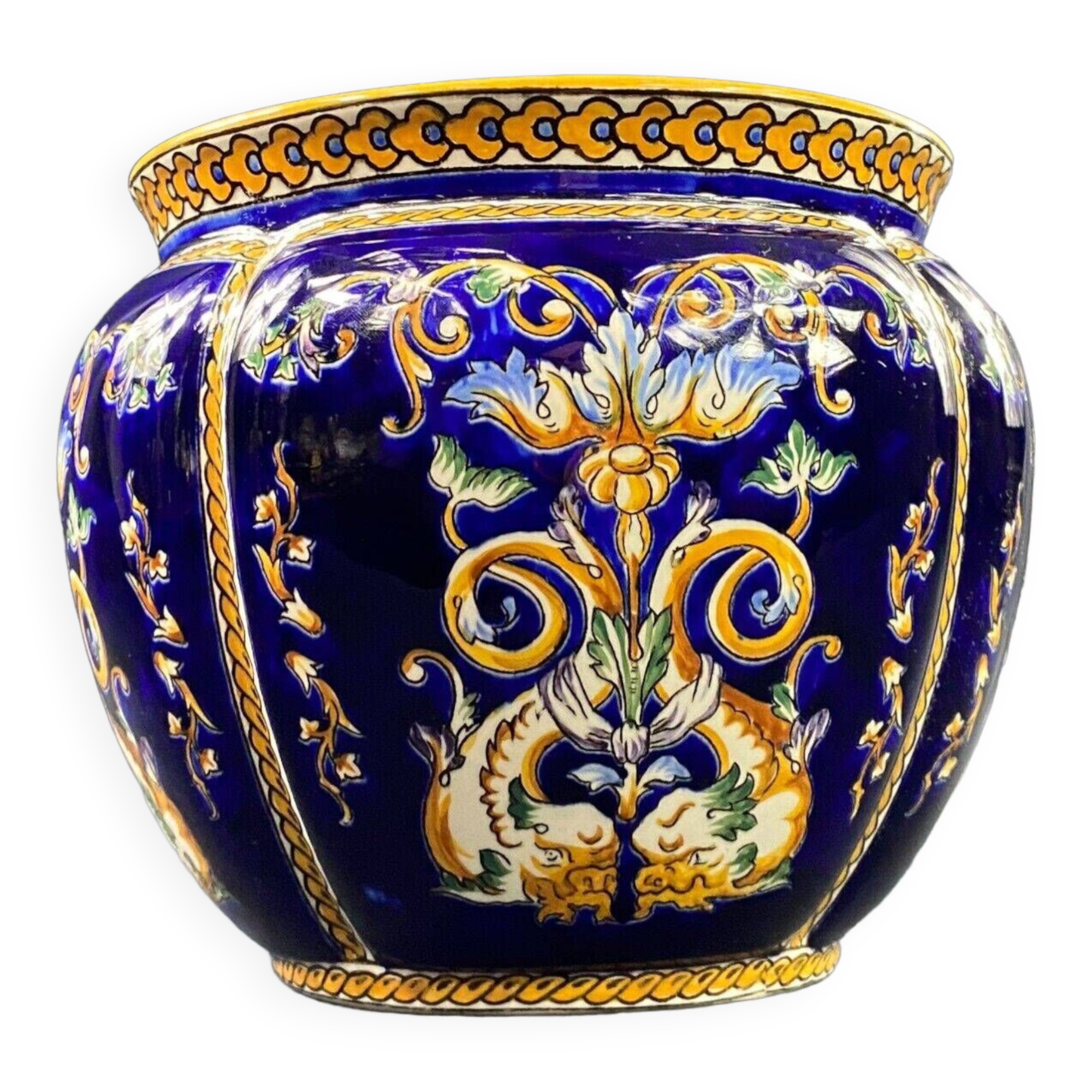 Cache-pot en faïence de Gien décor Renaissance italienne | Selency