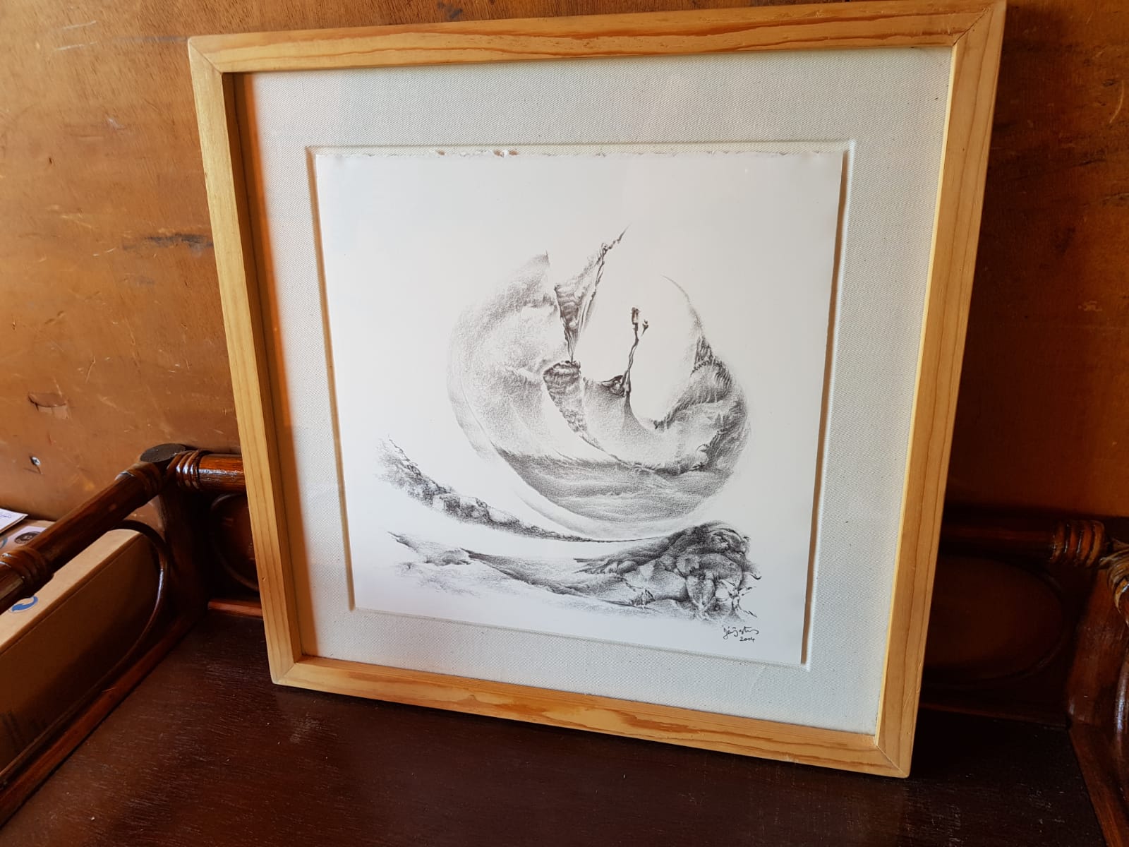 Ancien tableau crayon jerome sterbecq «roulé boulé» + cadre bois noir ...