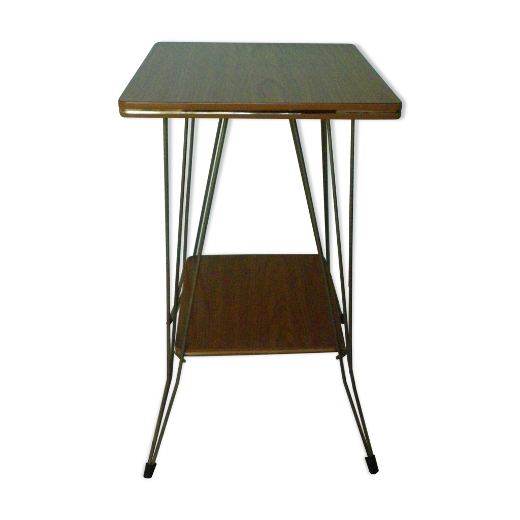 Tablette d'appoint en formica, 2 étagères, métal doré - Années 60 | Selency