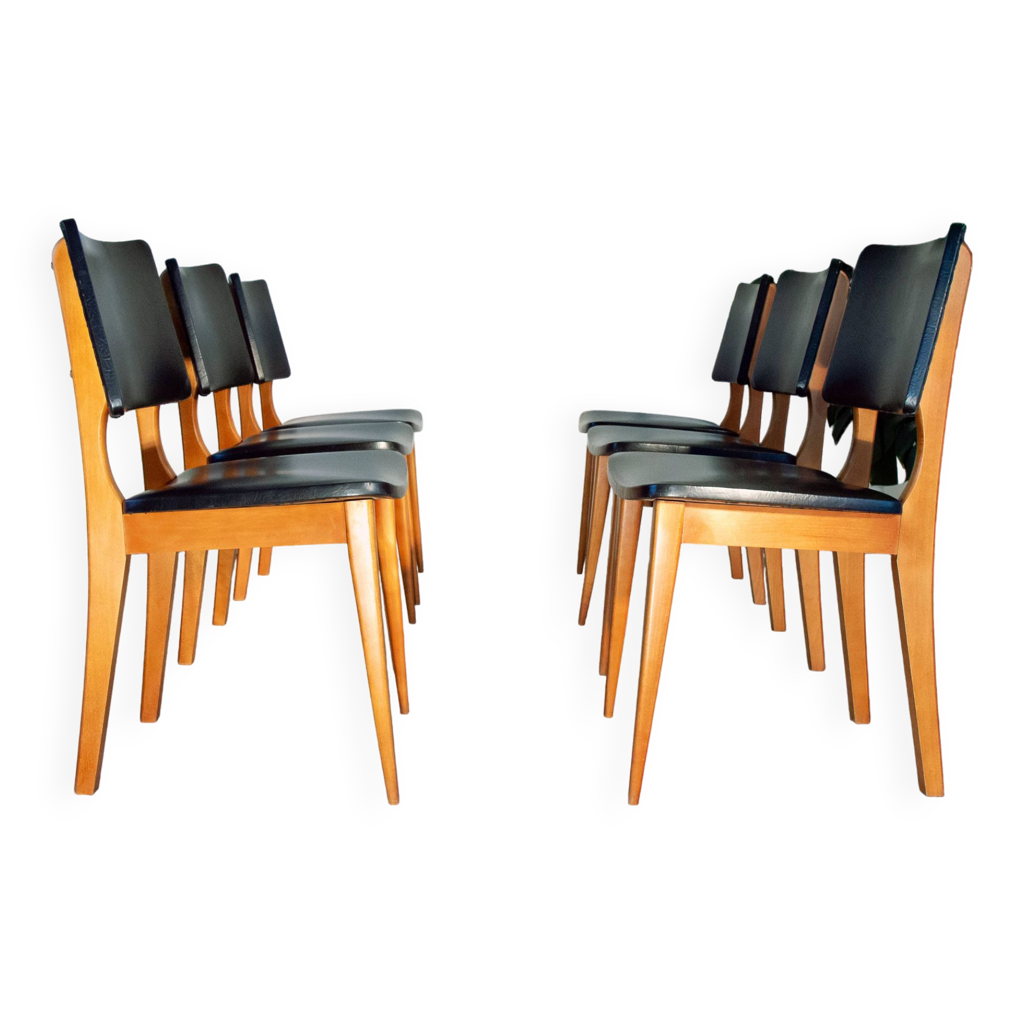 6 chaise bois et simili cuir noir, année 60 | Selency