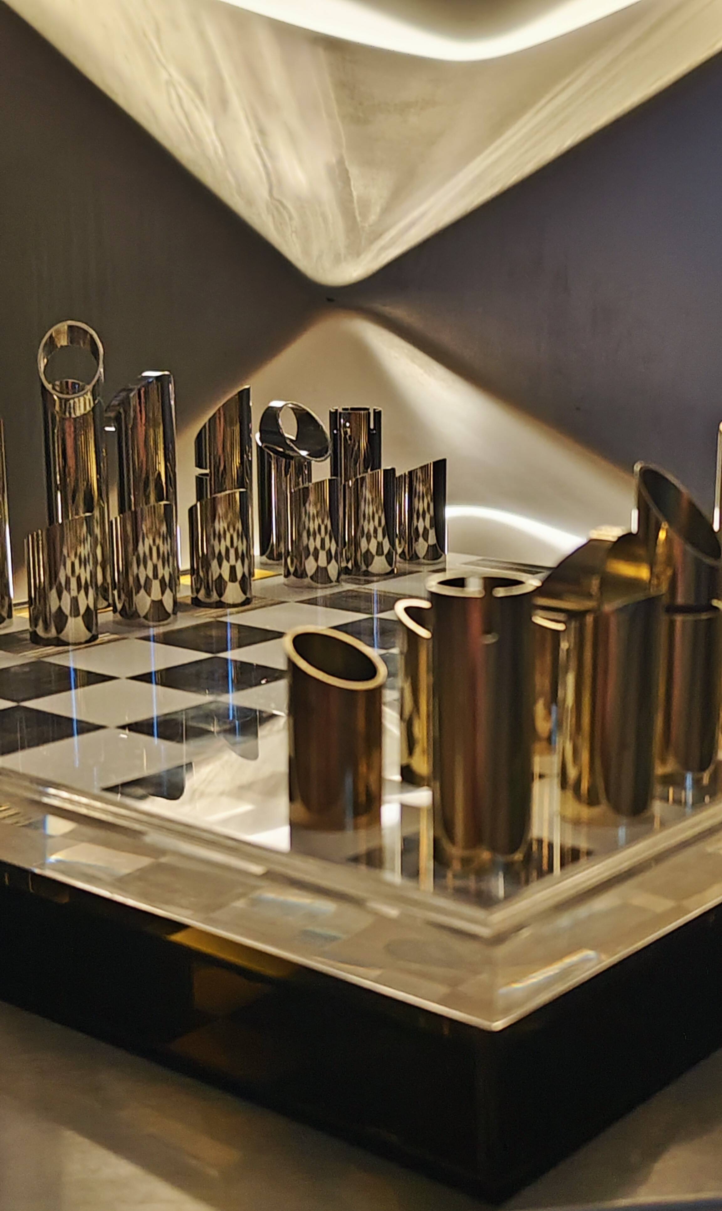 Mario Vento - 1970/1980 Jeu d'échecs plexiglas bronze et acier poli ...