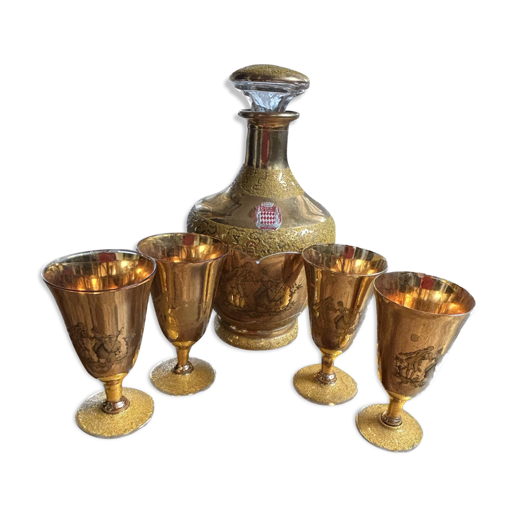 Carafe et ses 4 verres en verre doré, verrerie de Monaco-Monte Carlo | Selency