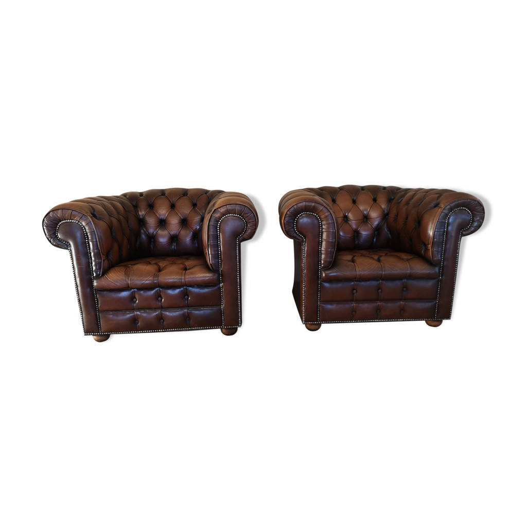 2 Fauteuils chesterfield en cuir marron | Selency