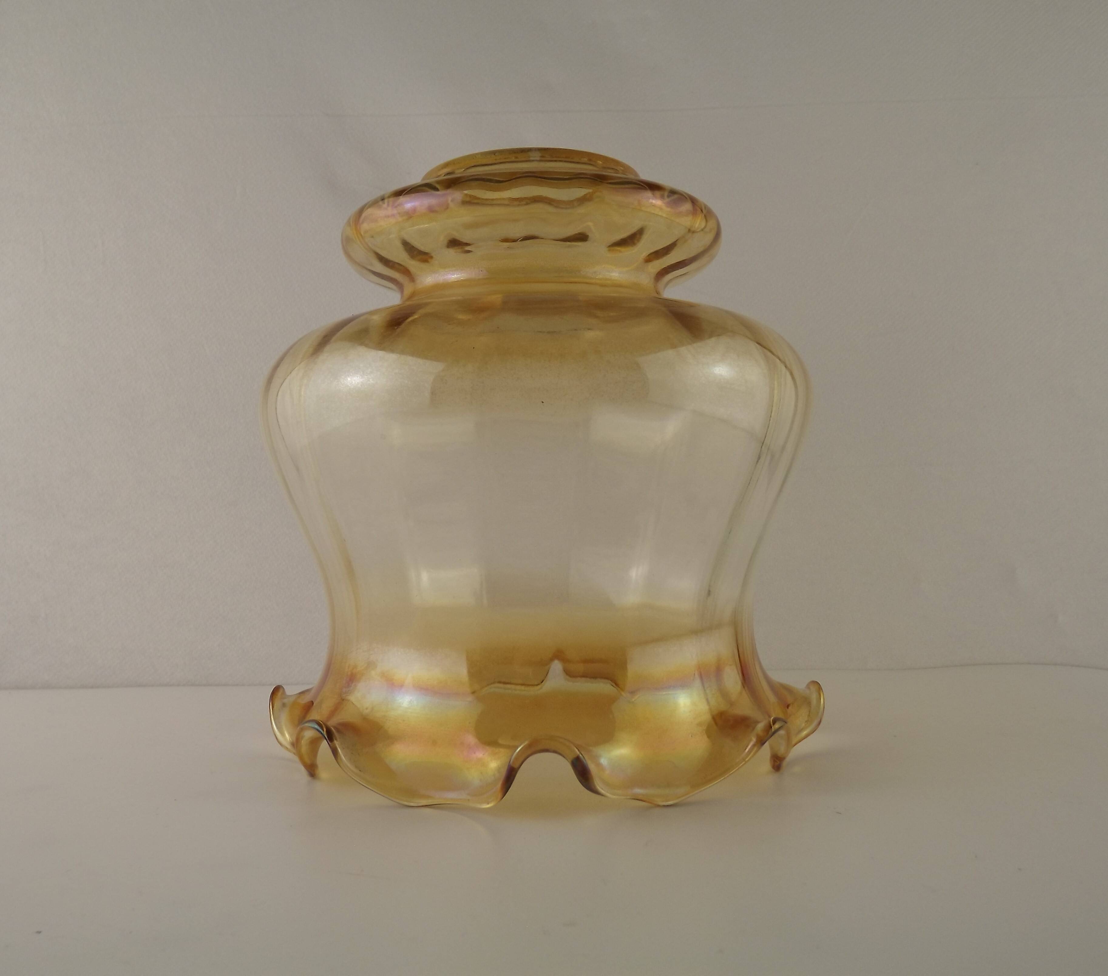 Large Mid Century Amber Glass Light Shade With Ribbed Effect & Frilled ...