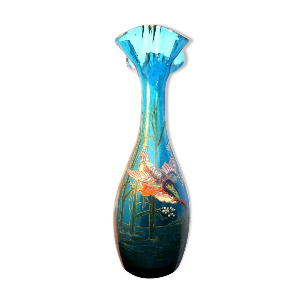 Vase bleu émaillé legras, oiseau martin pêcheur et roseaux, col ...