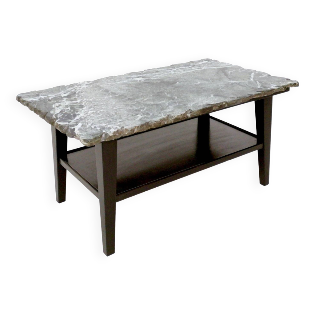 Table Basse Vintage En Bois Noirci Avec Plateau En Marbre Des Alpes