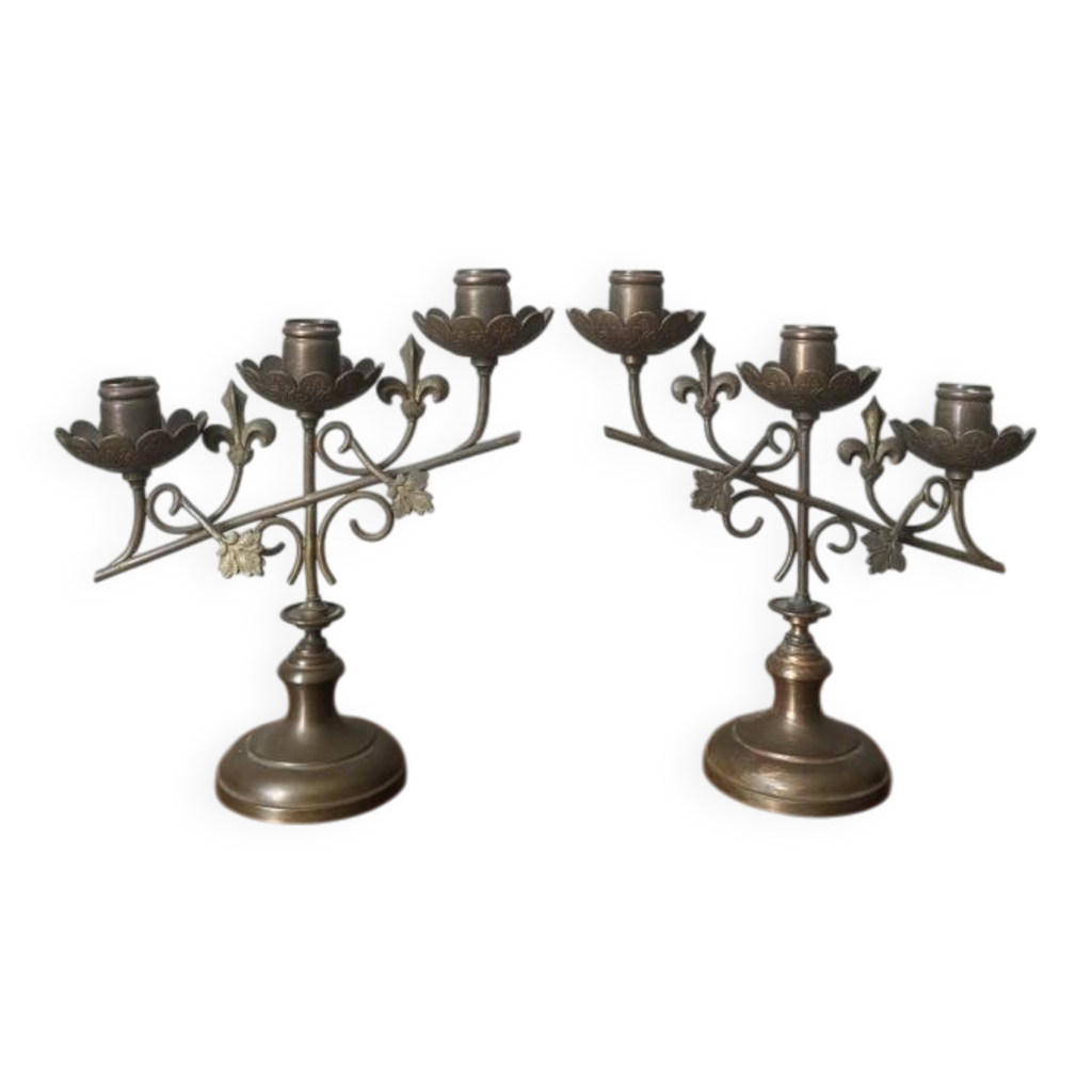 Pair of baroque country candlesticks ivy fleur-de-lys | Selency