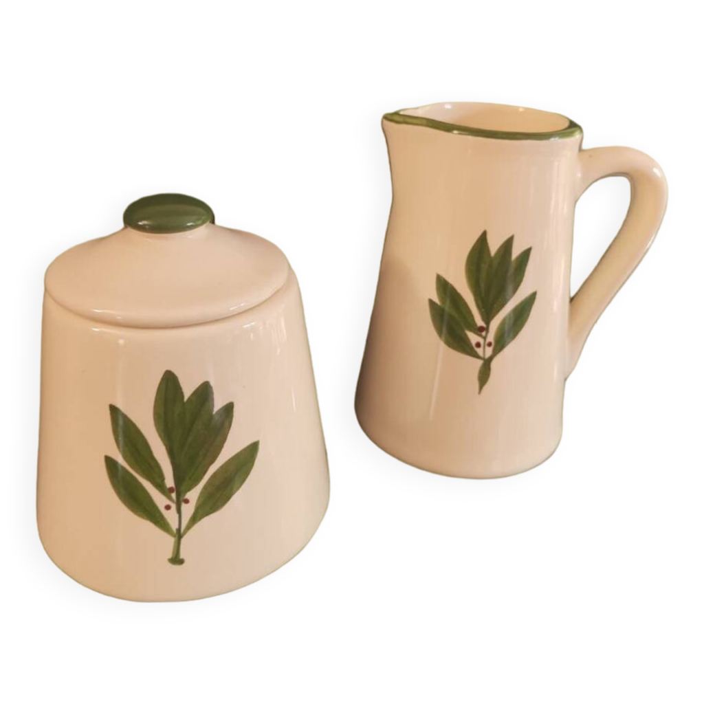Pot et mini pichet en céramique blanche illustration feuille de laurier | Selency