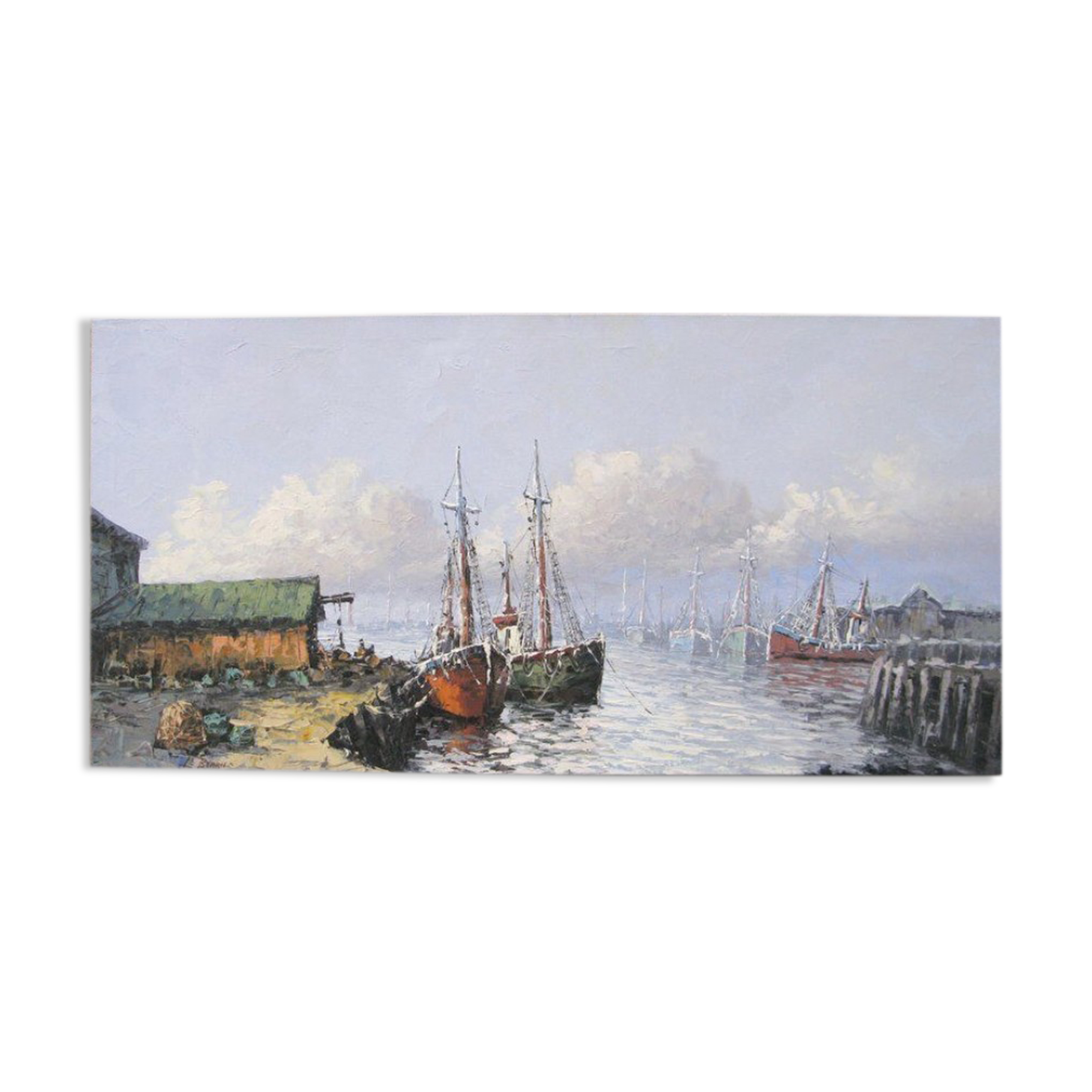 Marine, bateaux à quai signée Le Bearn, huile sur toile, XXe | Selency