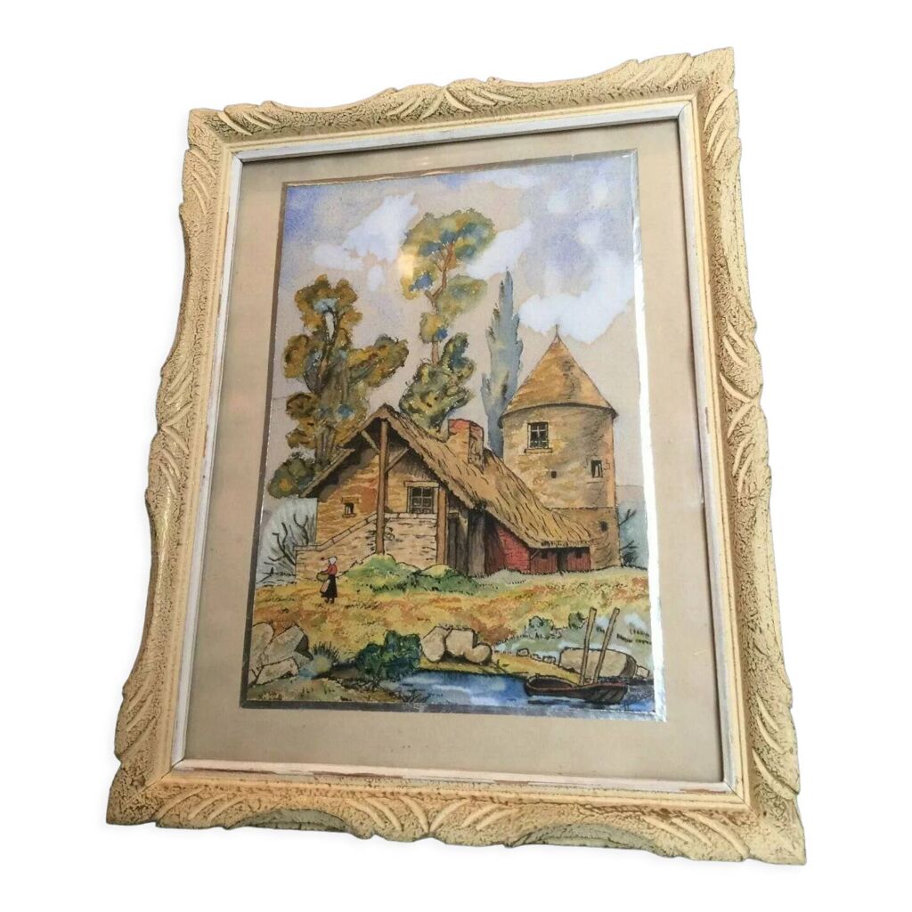 Tableau encadré corps de ferme à la tour signé Corday | Selency