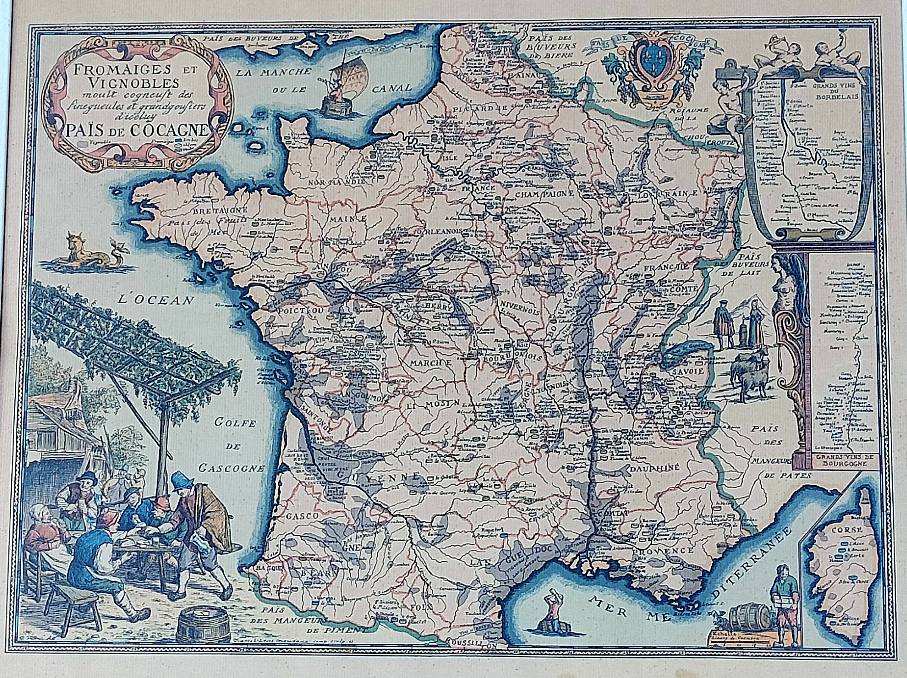 Tableau - Carte de France ancienne «Fromages et vignobles, Païs de ...