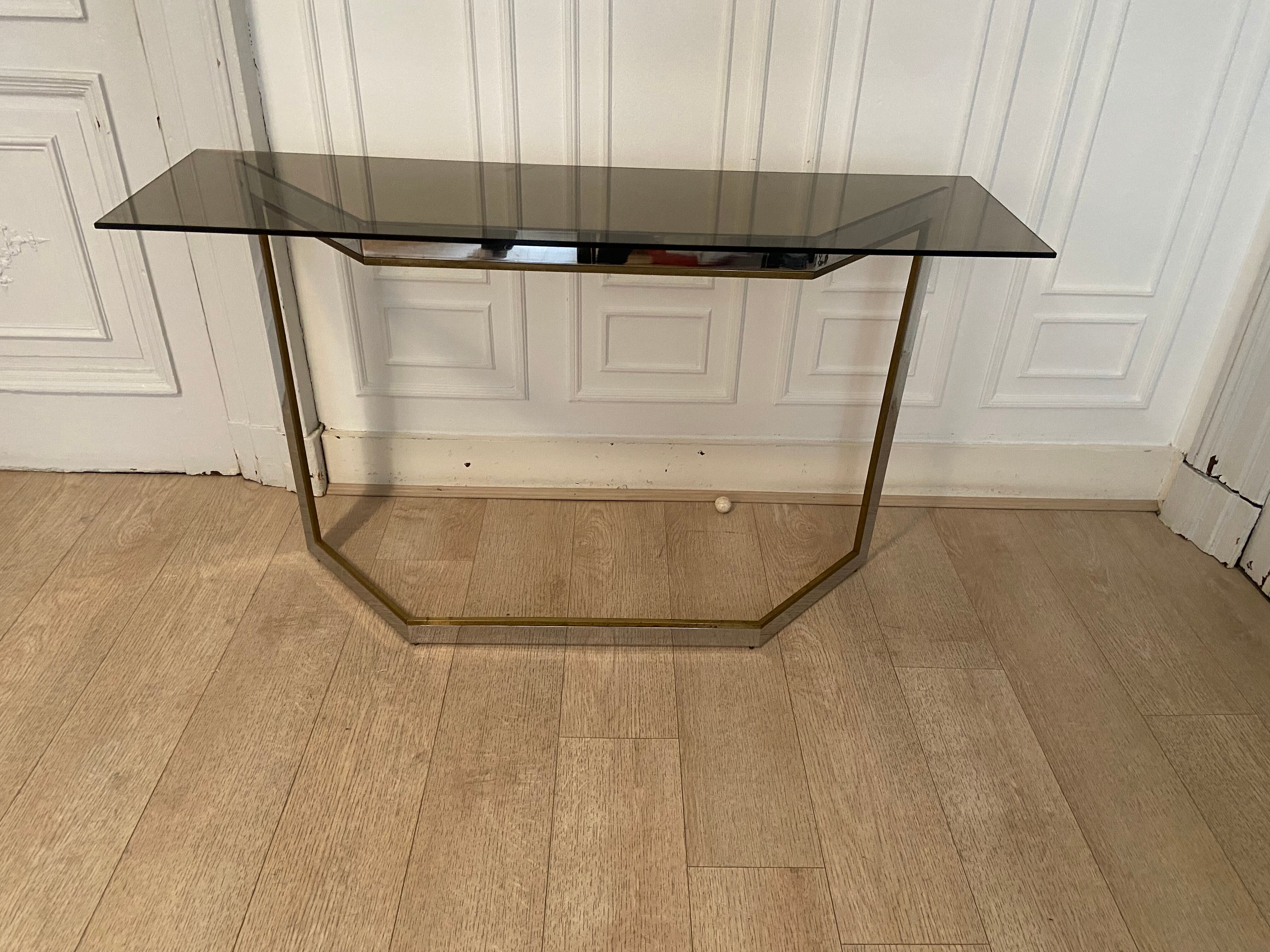 Paire de consoles métal chromé et verre fumé, italie, 1970s | Selency