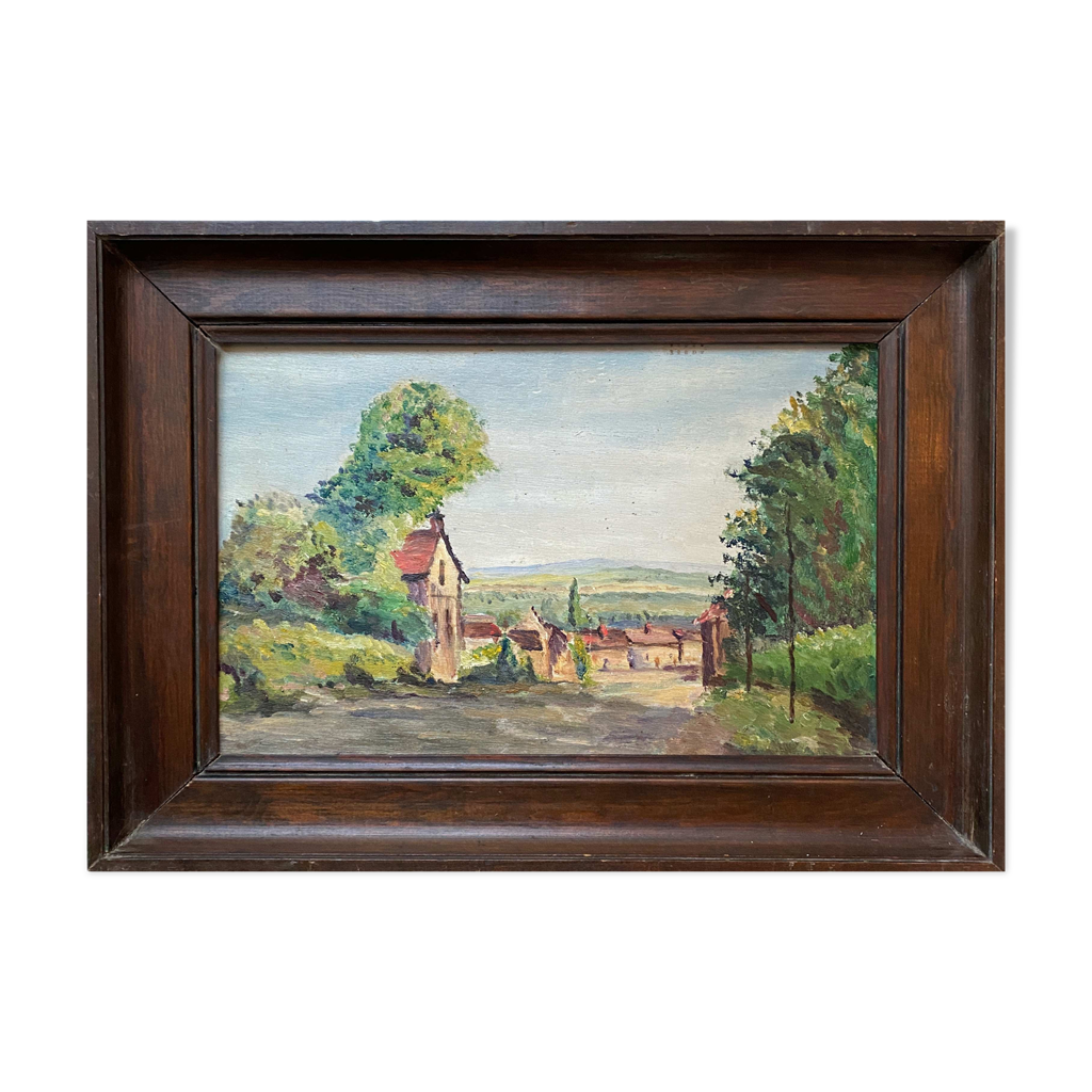 Tableau HSP "L'entrée du village avec paysage vallonné" + cadre | Selency