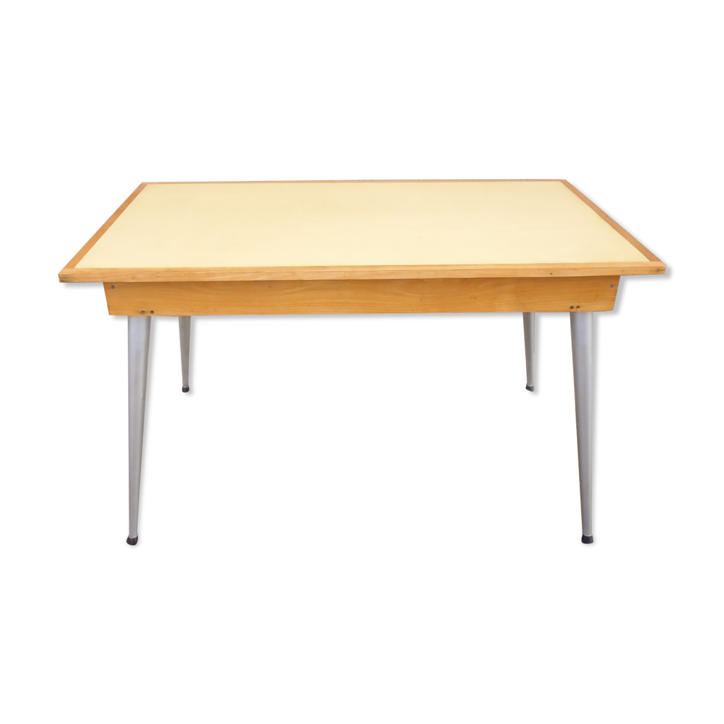 Table en bois vintage pied compas et fuseau metal | Selency